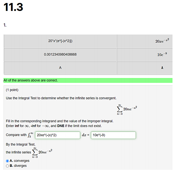 【webwork】 Chapter 11.3 solutions. Use the Integral Test to determine ...